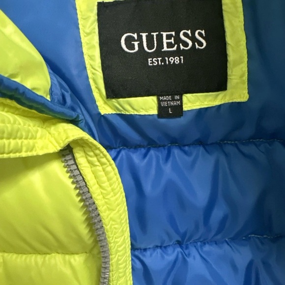 Guess | Jackets & Coats | Vibrant Blue And Yellow Guess Puffer Jacket ...